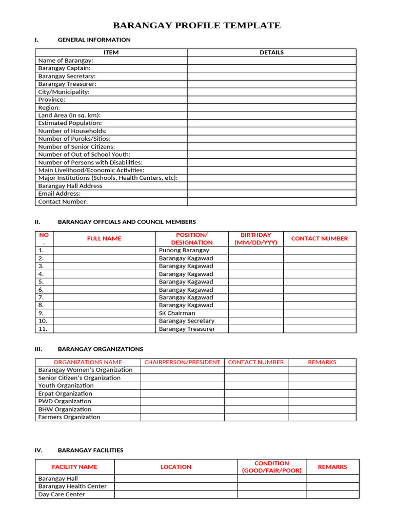 Barangay Profile Template Form | PDF