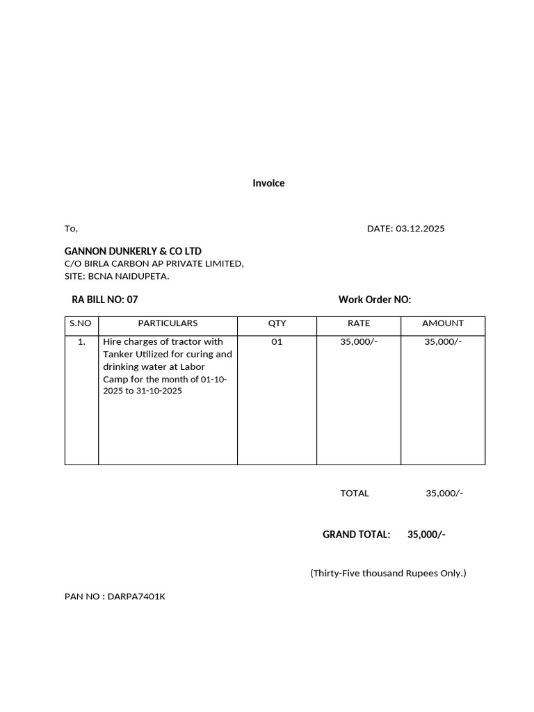 Invoice for Tractor Hire Charges | PDF