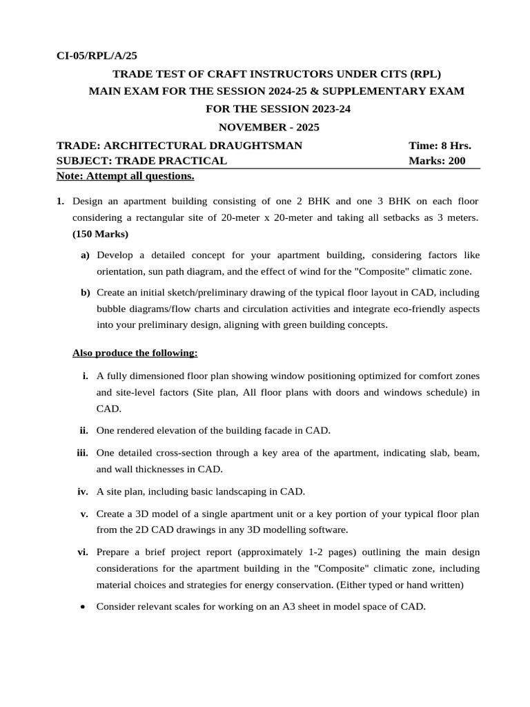 Architectural Draughtsman Trade Test 2024-25 | PDF | Civil Engineering