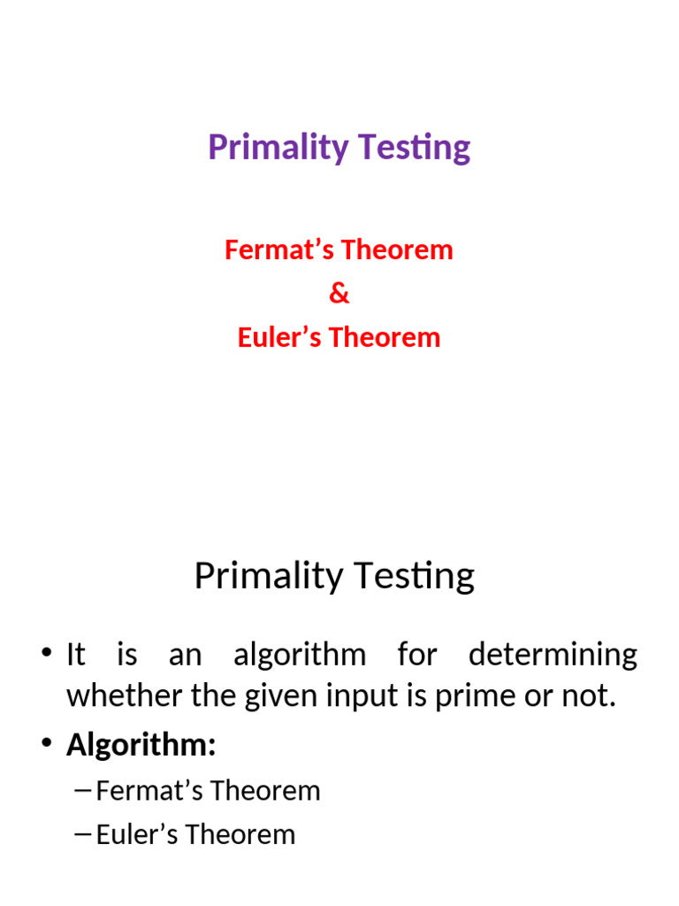 Primality Testing: Fermat & Euler Theorems | PDF | Prime Number ...