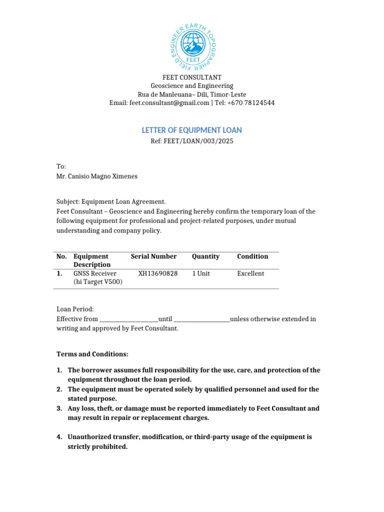 Professional Equipment Loan Letter FEET | PDF