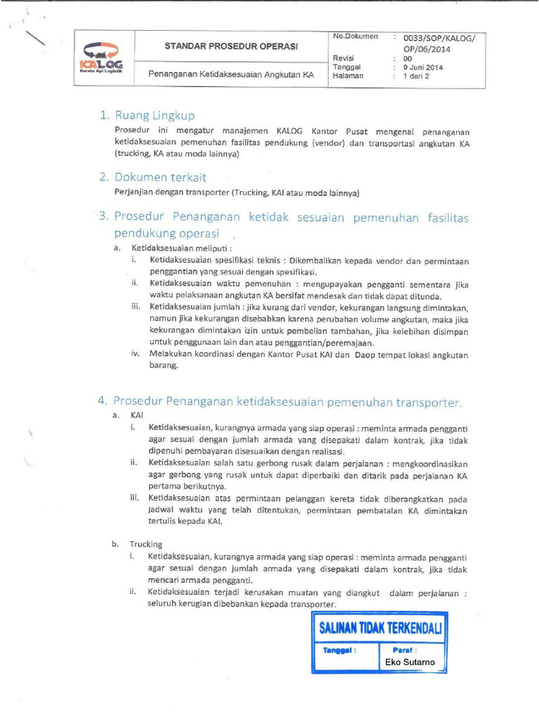 SOP Penanganan Ketidaksesuaian Angkutan KA Rev 00 | PDF