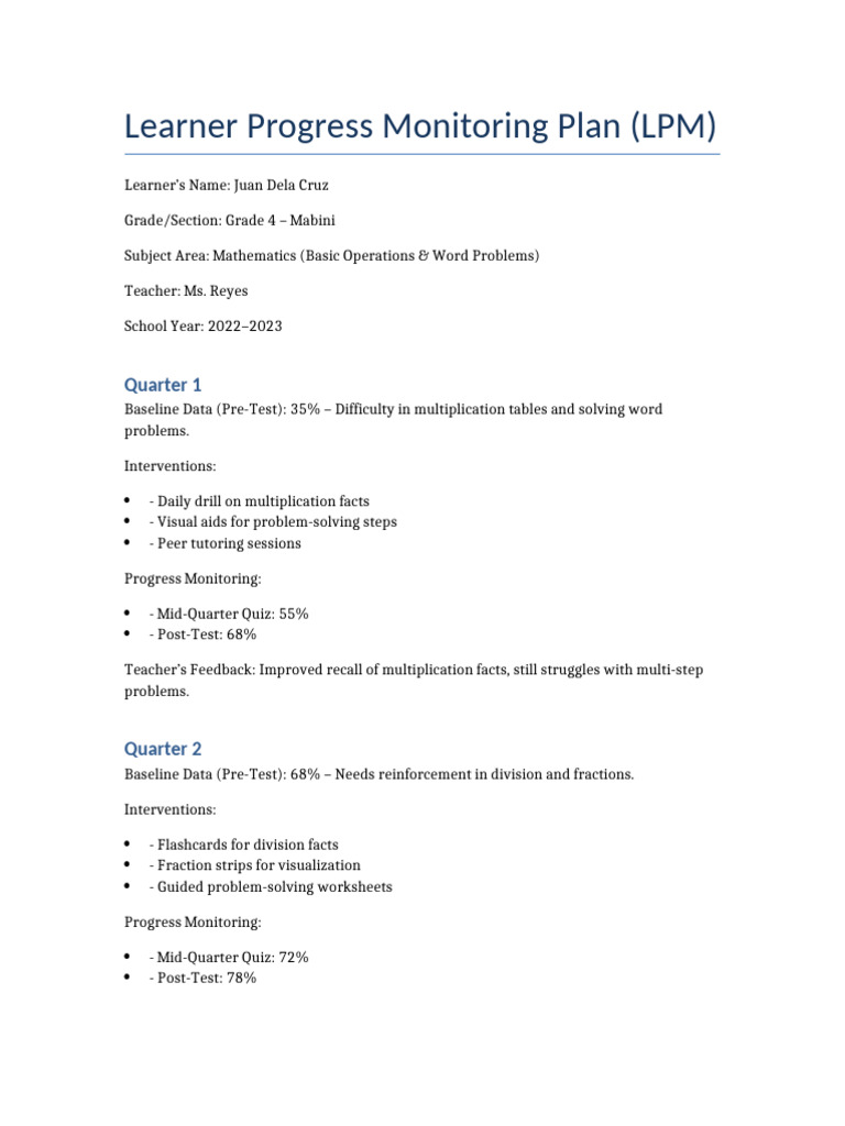 Learner Progress Monitoring: Grade 4 Math | PDF | Learning | Mathematics