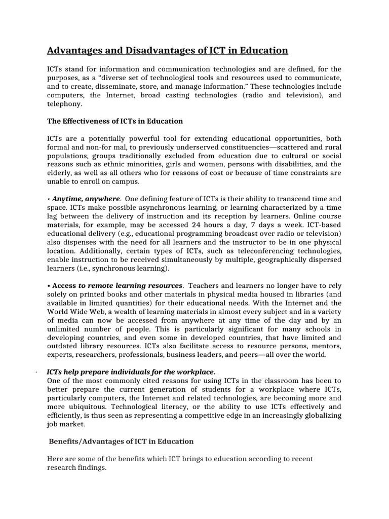 Advantages and Disadvantages of ICT in Education | PDF | Educational ...