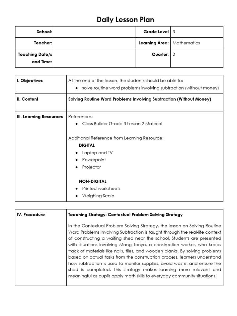 M3Q2L26 Lesson Plan-Solving Routine Word Problems Involving Subtraction ...