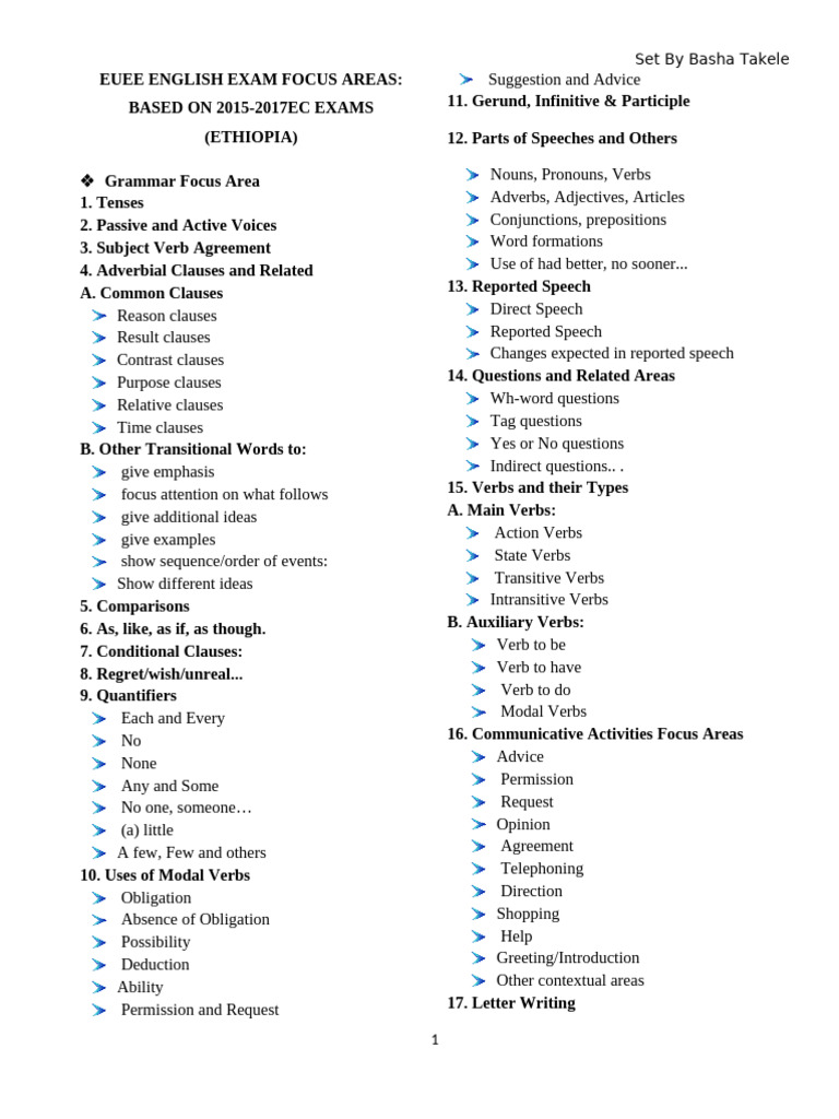 Euee English Exam Focus Areas | PDF | Verb | Linguistic Morphology
