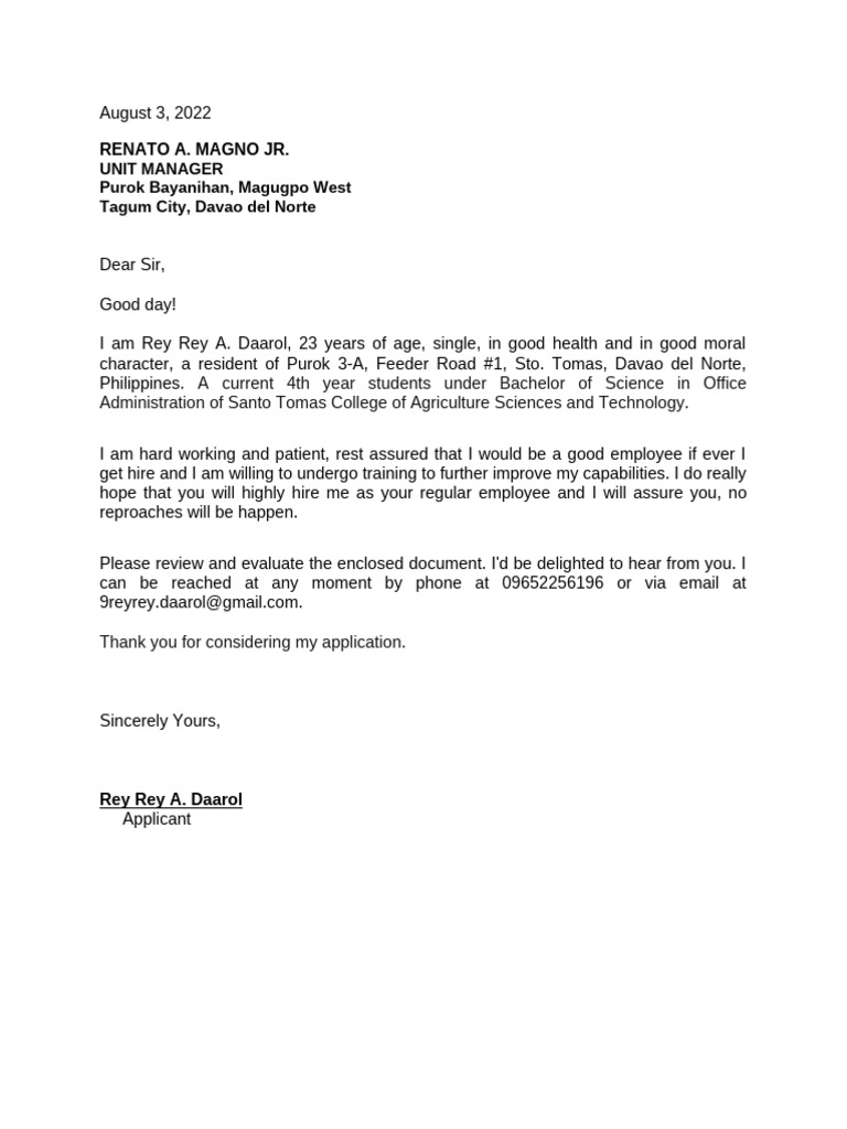 Rey Rey Application Letter | PDF