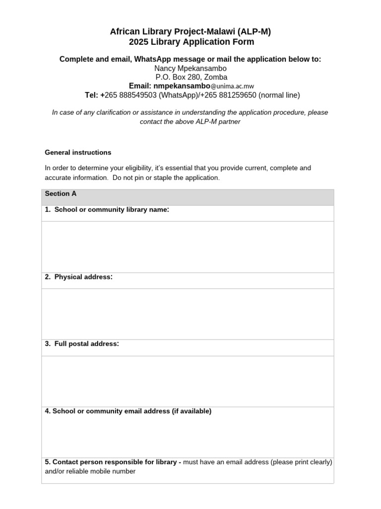 ALP-Malawi 2025 Application Form 5 | PDF | Libraries | Librarian