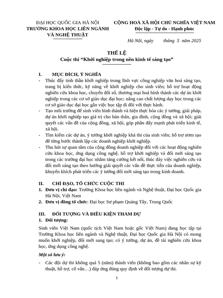 Thể Lệ Cuộc Thi Khởi Nghiệp Trong Nền Kinh Tế Sáng Tạo | PDF