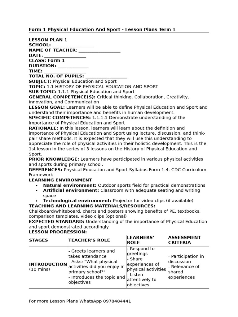 Form 1 PE & Sport Lesson Plans | PDF | Physical Education | Lesson Plan