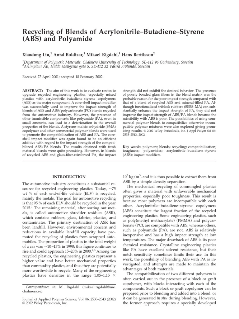 J of Applied Polymer Sci - 2002 - Liu - Recycling of Blends of ...