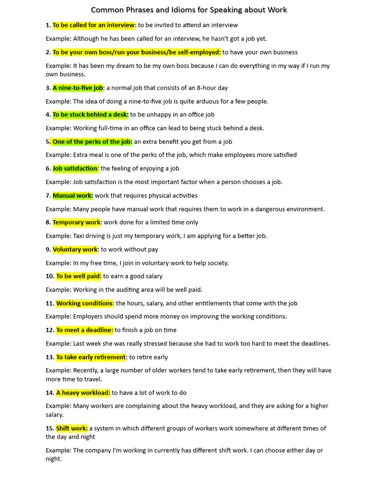 Work-Related Phrases and Idioms Guide | PDF | Salary | Employee Benefits