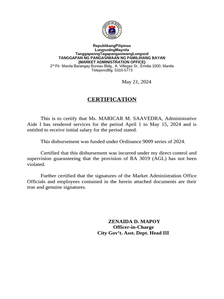 Certification Initial Salary Differential (Saavedra) | PDF