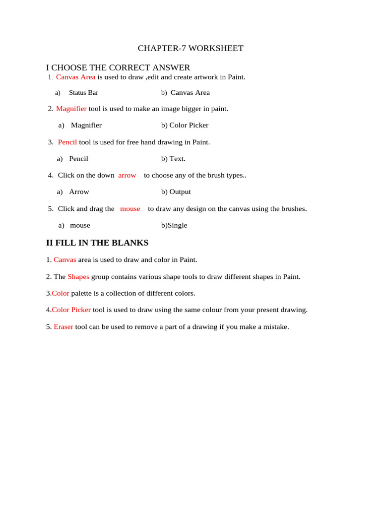 Paint Tool Basics Worksheet | PDF