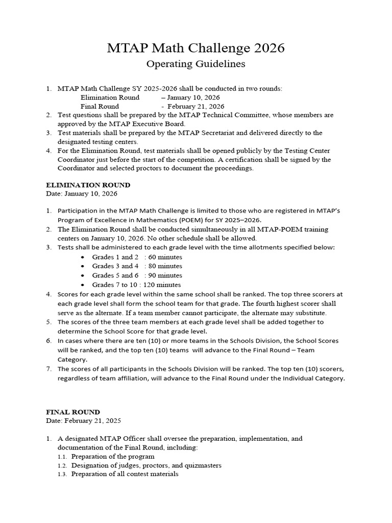 MTAP Math Challenge 2026 Guidelines | PDF