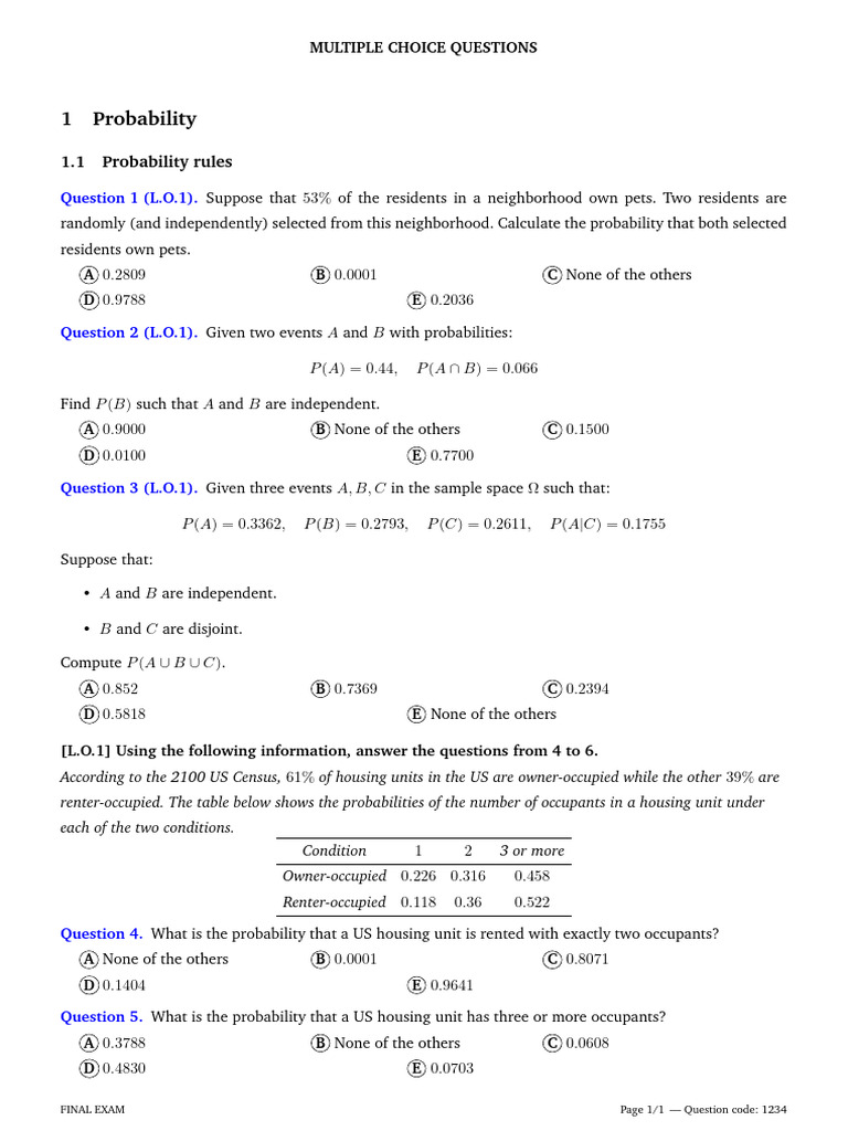 Probability Multiple Choice Questions | PDF | Probability Distribution ...