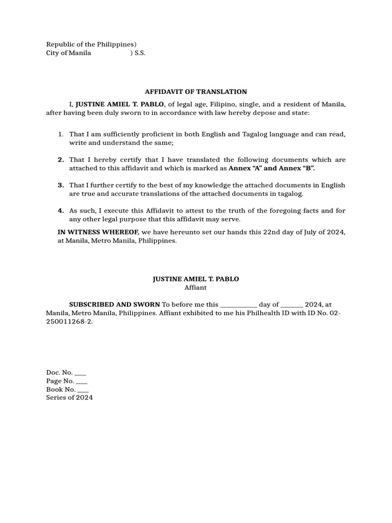 Affidavit of Translation in Manila | PDF