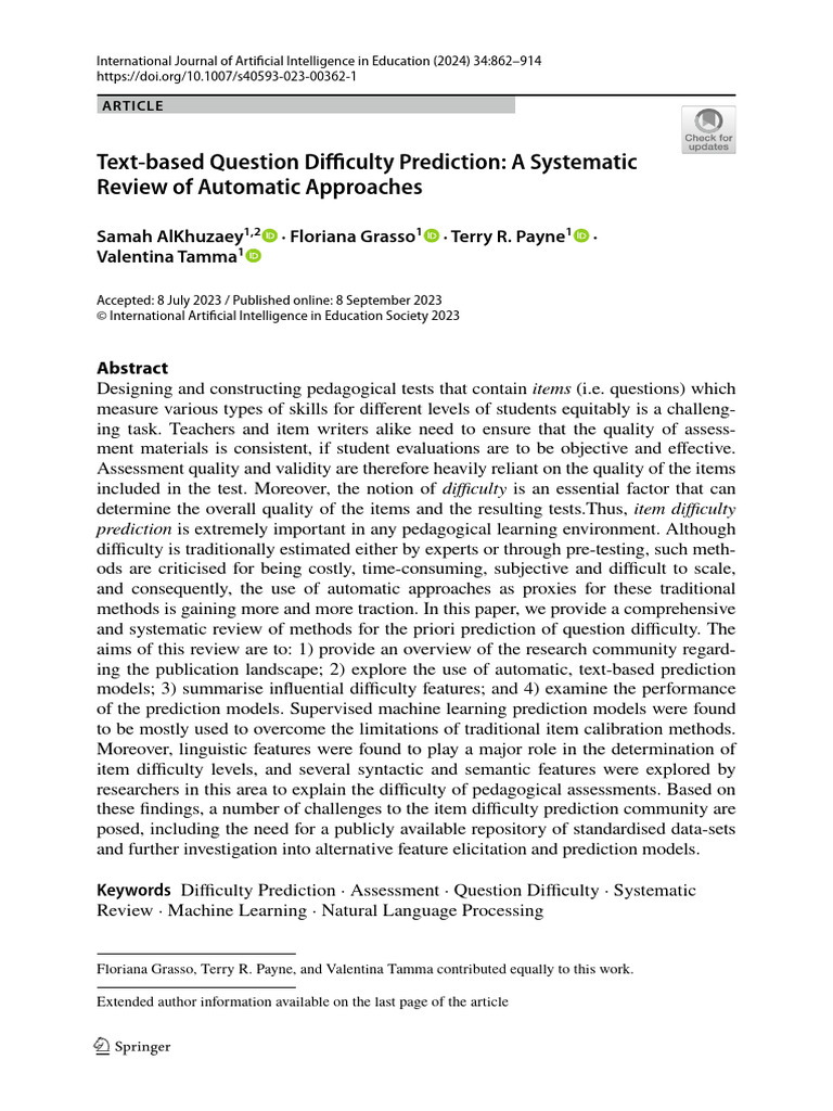Text‑Based Question Difficulty Prediction - Comparetive Study | PDF ...