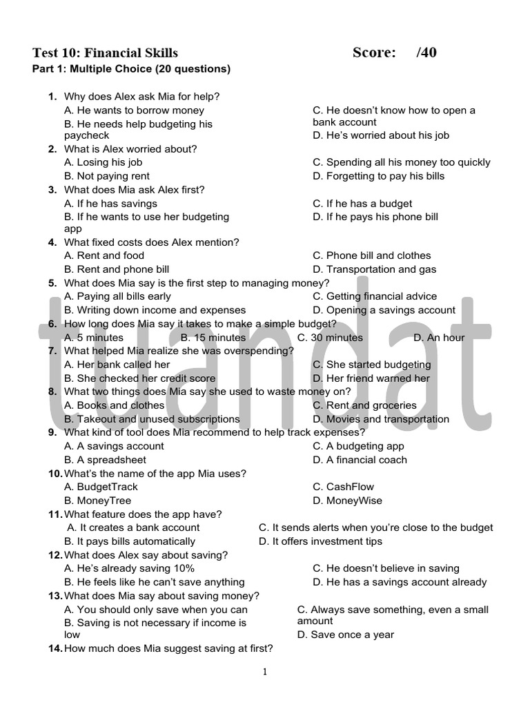 Financial Skills Assessment Quiz | PDF | Budget