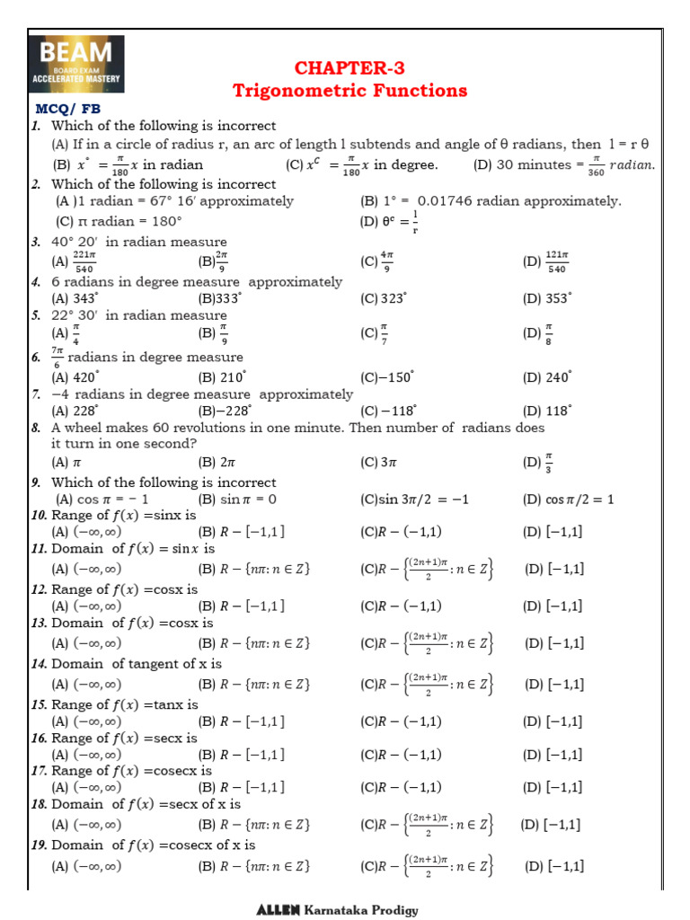 MATHS Trigonometric Functions 6 Jan 2026 BEAM Assignment 3 1st Year PUC ...