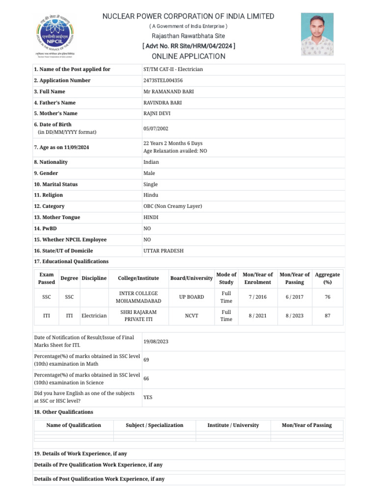 NPCIL Recruitment Portal - Print Application Form | PDF