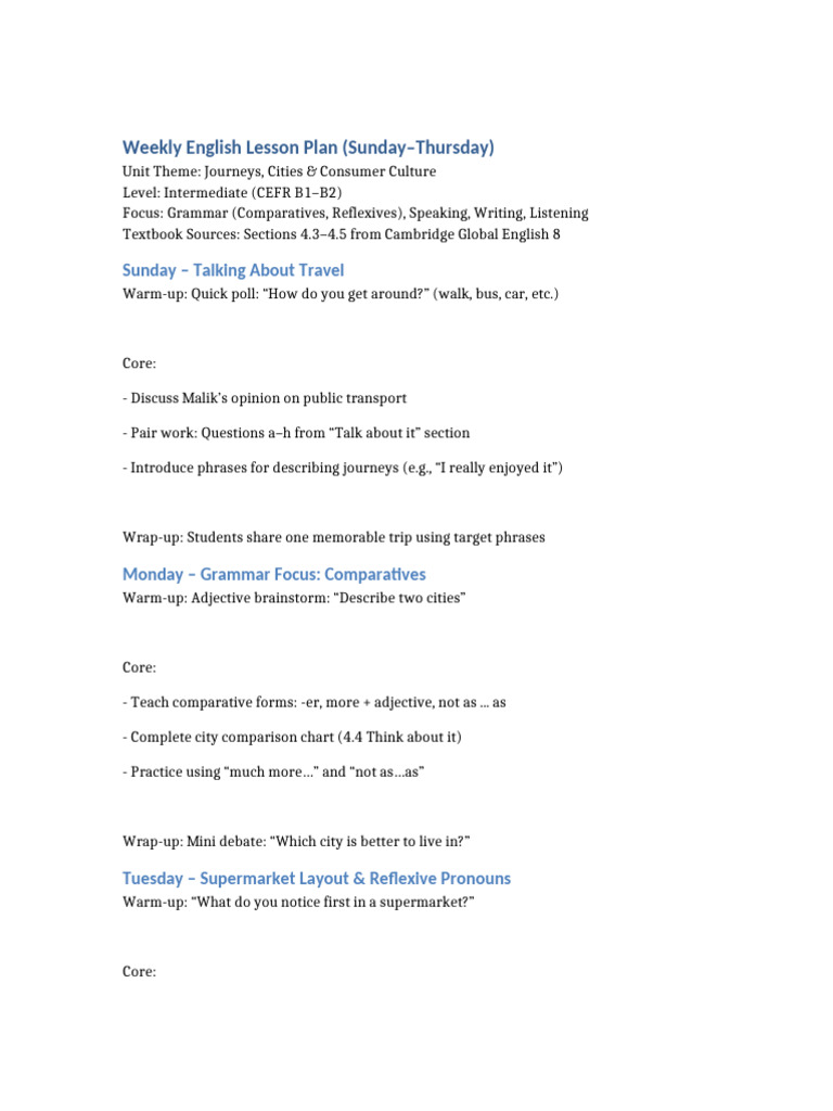 Weekly English Lesson Plan: Journeys & Culture | PDF