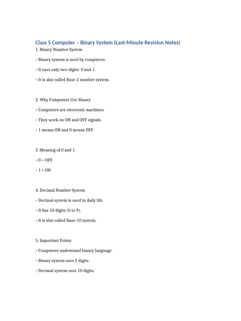 Class 5 Binary System Last Minute Revision | PDF