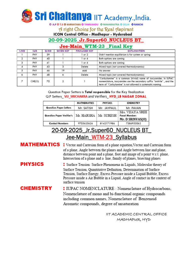 20-09-2025 Jr.super60 Nucleus Bt Jee-main Wtm-23 Final Key | PDF ...