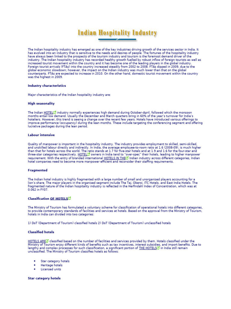 Indian Hospitality Industry | PDF | Tourism | Hotel