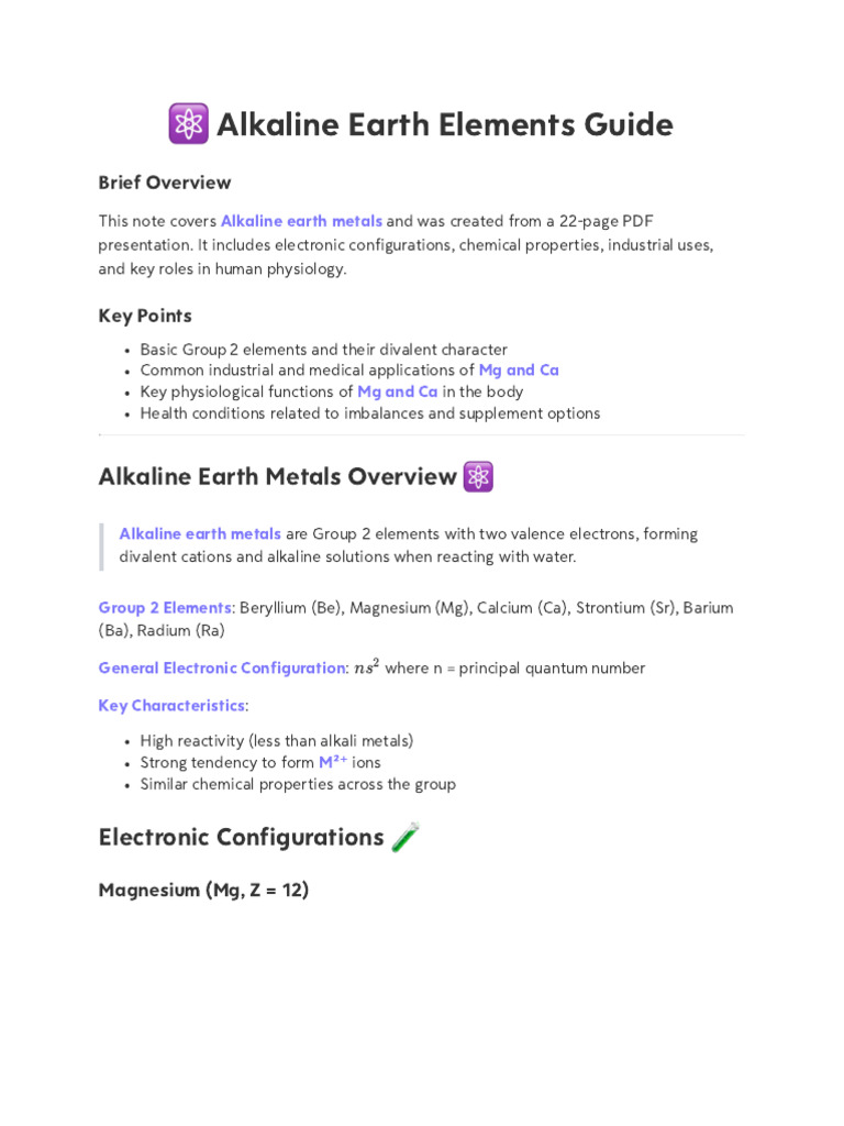 Alkaline Earth Metals Overview Guide | PDF | Magnesium | Calcium