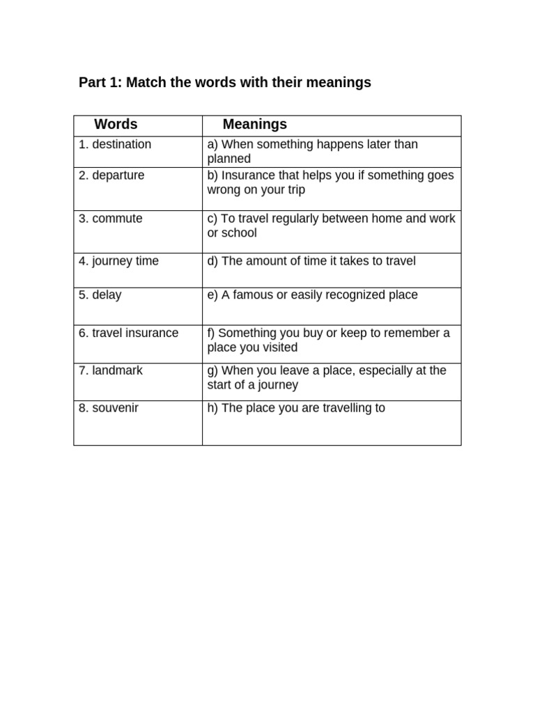 Travel Vocabulary Matching Exercise | PDF