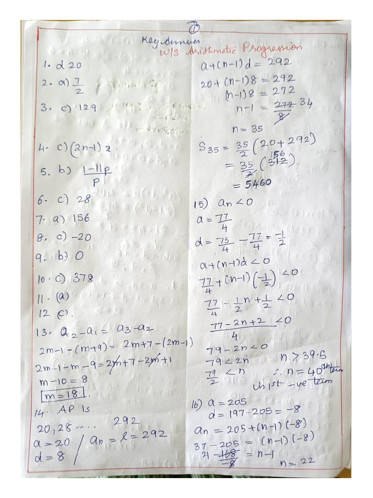 Arithmetic Progression WS Answer Key | PDF