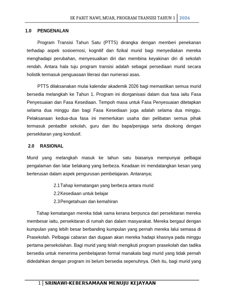 Program Transisi Tahun 1 SK Parit Nawi | PDF