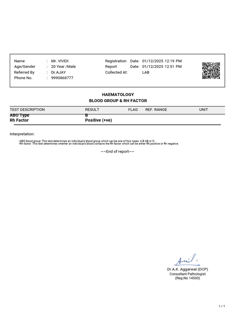 Blood Group and Rh Factor Report | PDF