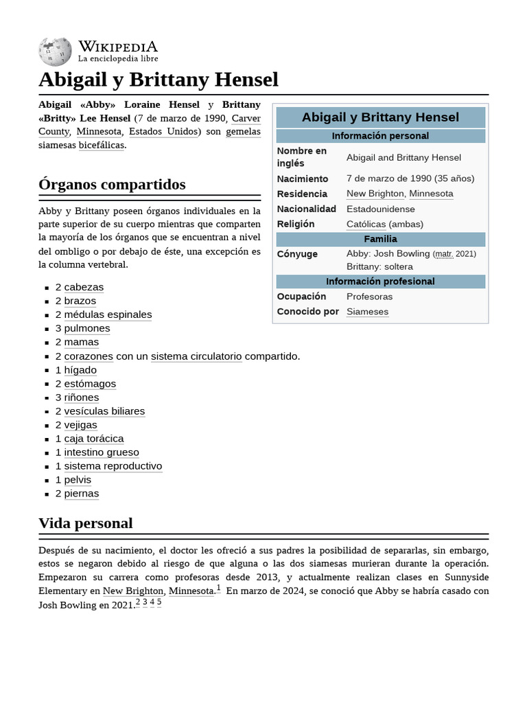 Abigail y Brittany Hensel | PDF | Siameses | Nacimientos Múltiples