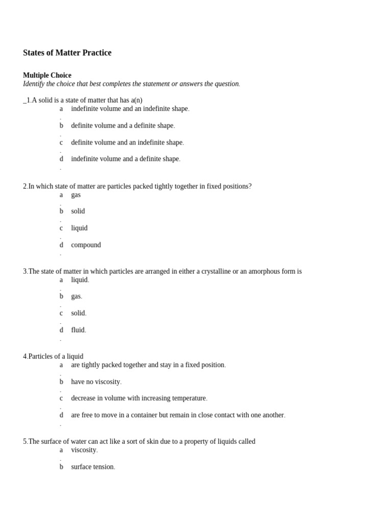 States of Matter Quiz Questions | PDF | Liquids | Gases