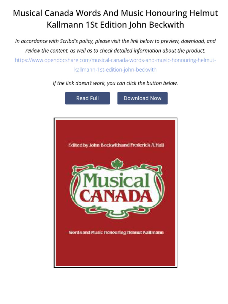 Musical Canada Words and Music Honouring Helmut Kallmann 1st Edition ...