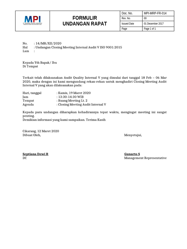 Undangan Rapat Closing Internal Audit V ISO 9001-2015 | PDF