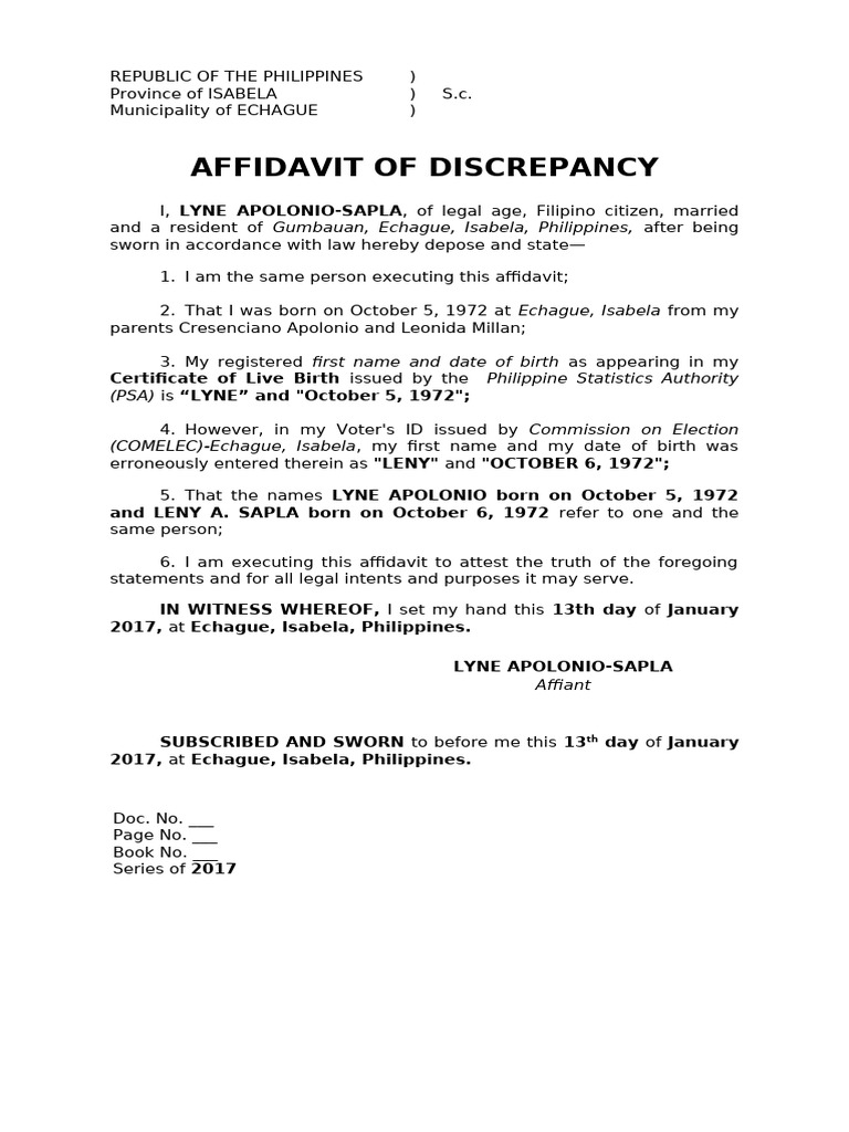 Affidavit of Name Discrepancy in Isabela | PDF