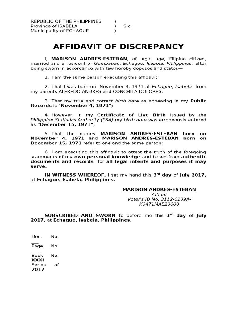 Affidavit of Discrepancy - Esteban 2017 | PDF