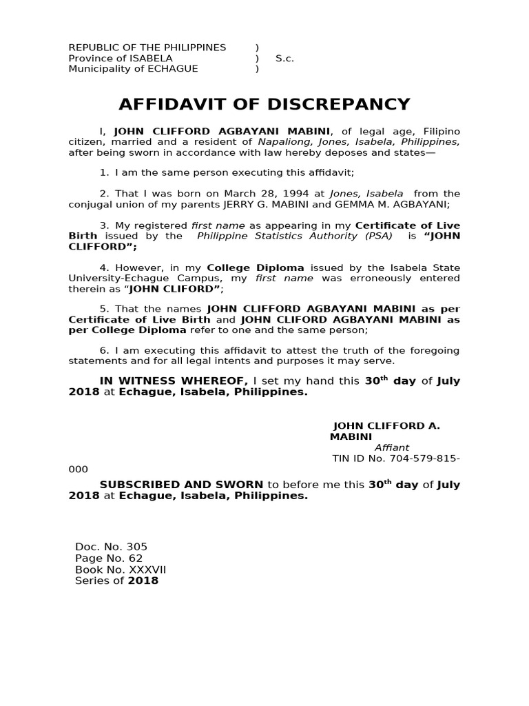 Affidavit of Discrepancy -Mabini2018 | PDF
