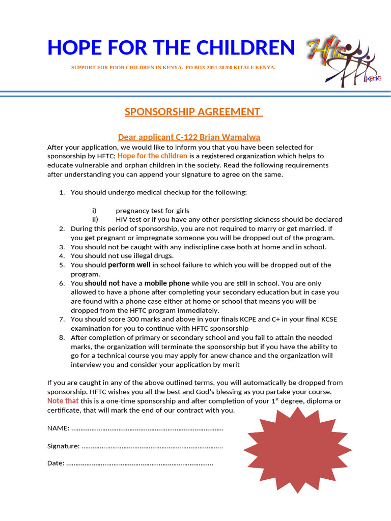 HFTC Sponsorship Agreement for Children | PDF