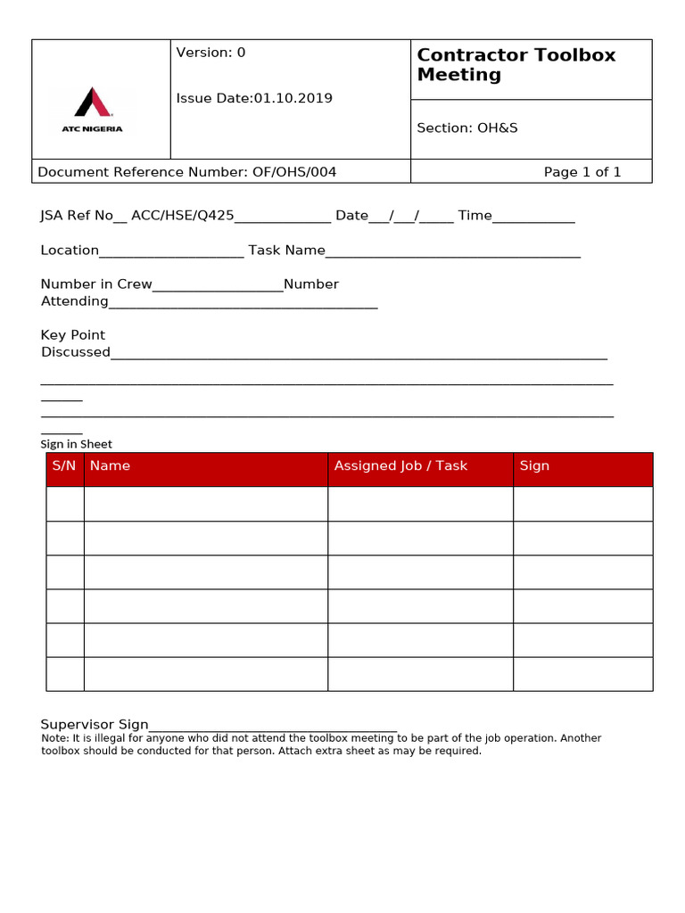 Toolbox Meeting Attendance Sheet1-1 | PDF
