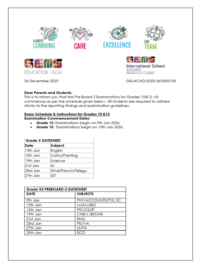Cir-150-PREBOARD2 -Exam Schedule & Instructions for Grades 10 & 12 | PDF