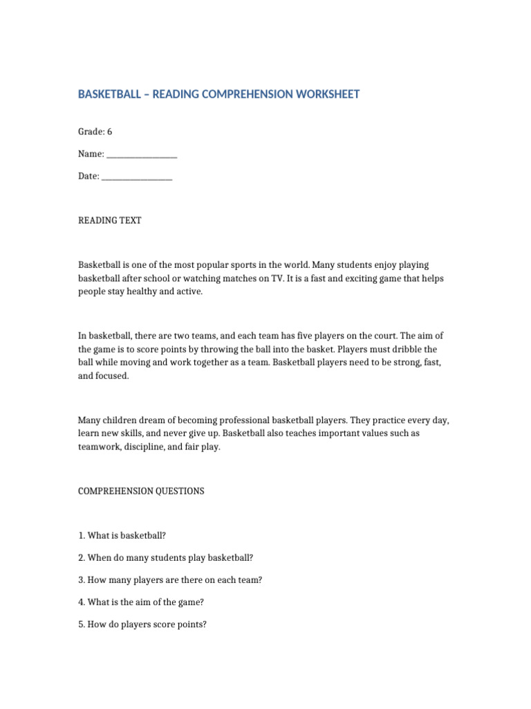 Basketball Reading Comprehension Worksheet | PDF