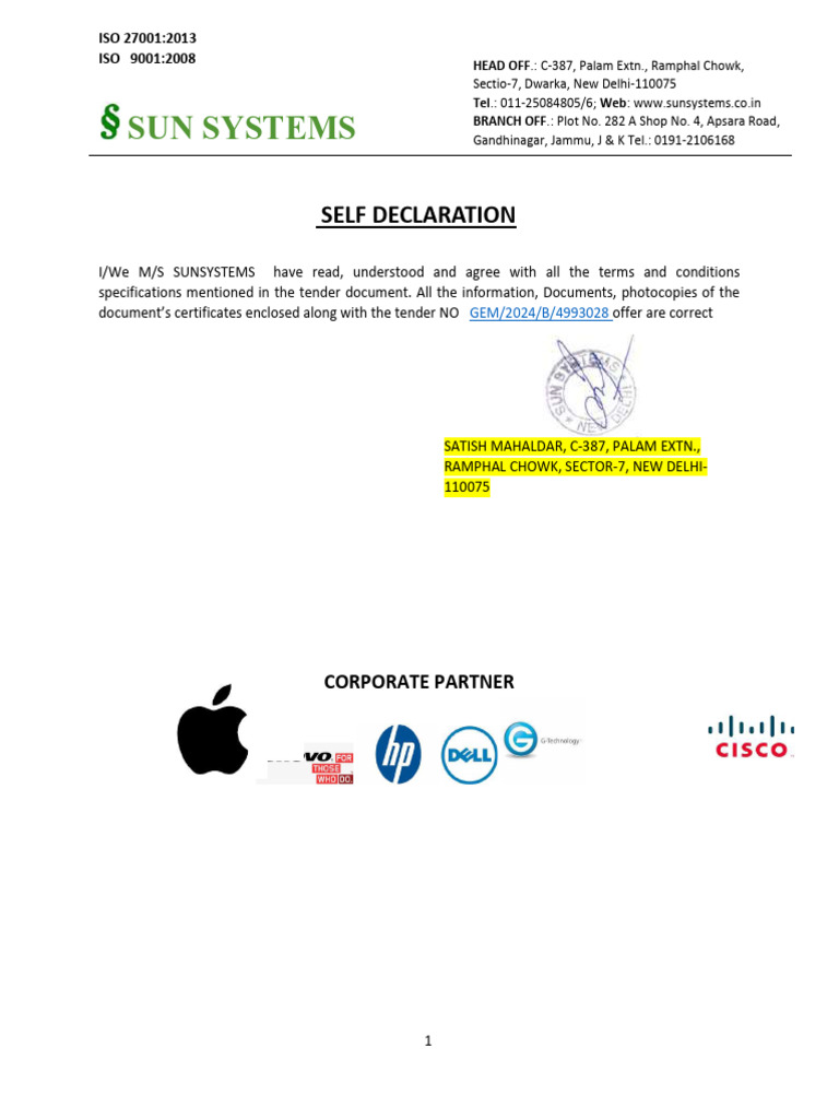 Sun Systems Tender Self-Declaration Document | PDF | Usb | Windows 10