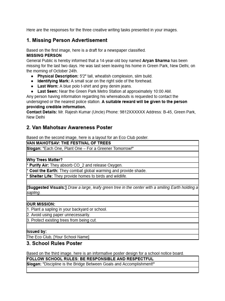 Creative Writing Tasks Responses | PDF