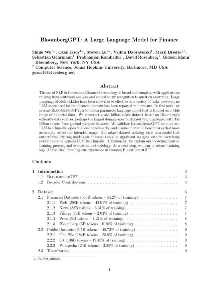 BloombergGPT a Large Language Model for Finance 1680527002 | PDF ...