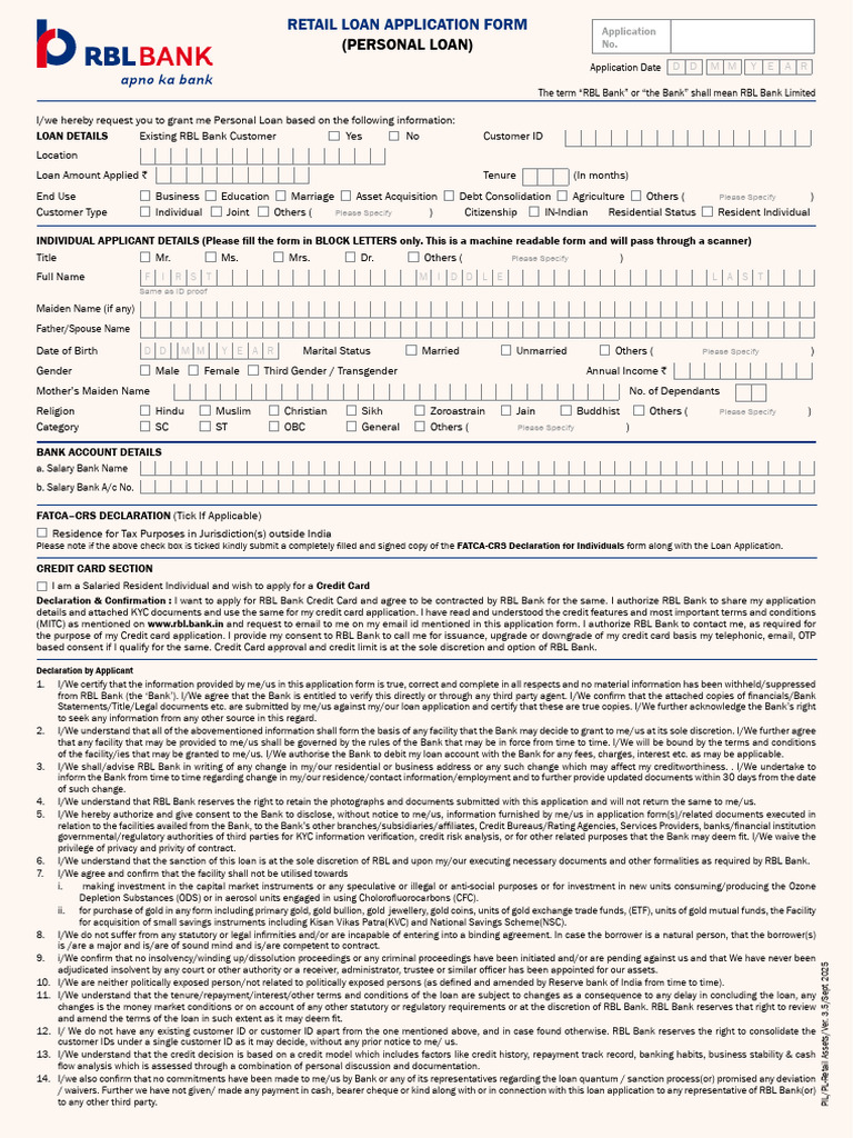 RBL LAF Personal Loan Application Form | PDF | Banks | Loans