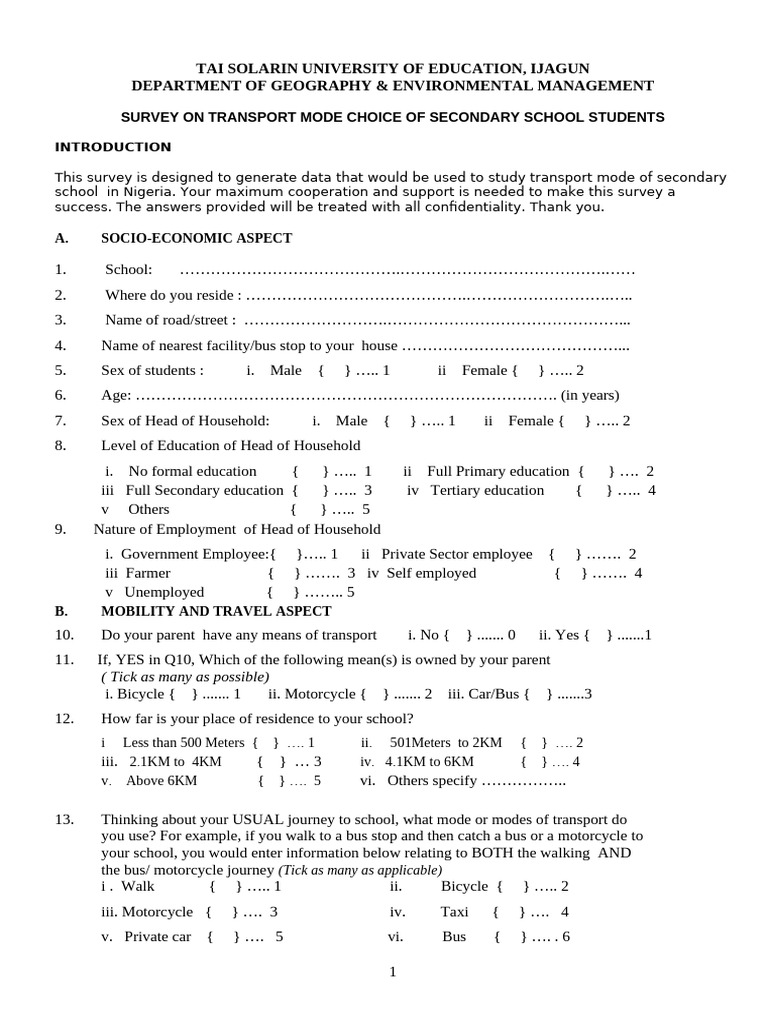 School Travel Behaviour Questionnaire | PDF | Traffic | Pedestrian